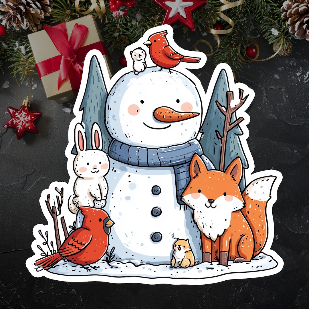Snowman and Animal Friends Sticker – Whimsical Winter Woodland Vinyl ...