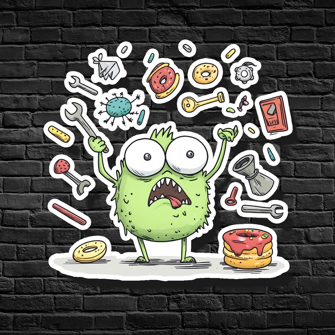 Funny Mischievous Creature Vinyl Sticker: Juggling Donuts & Wrench - Etsy