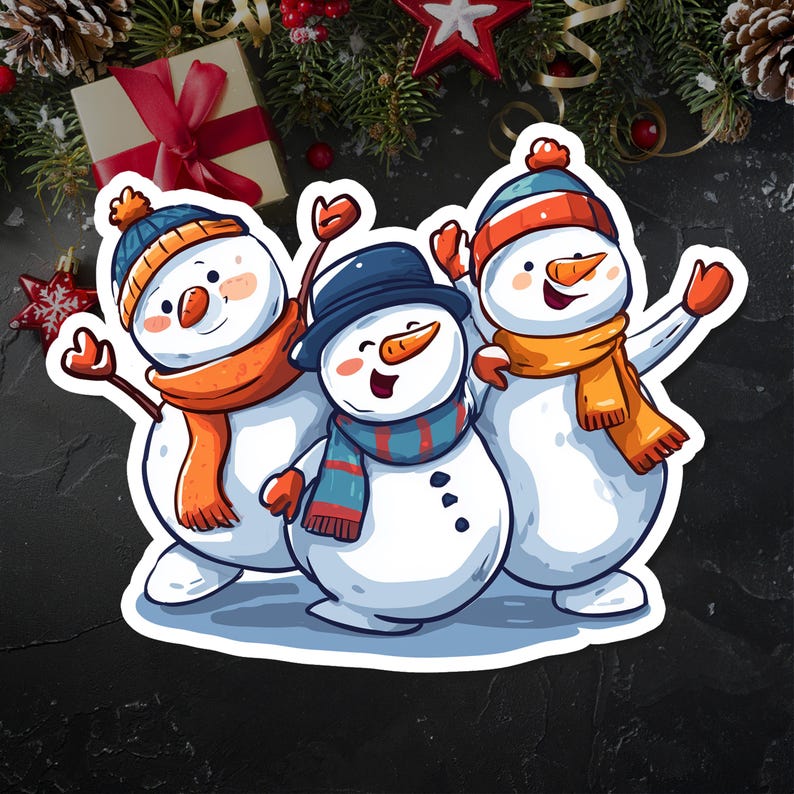 Snowman Party Sticker – Festive Winter Snowmen Celebration Vinyl Decal ...