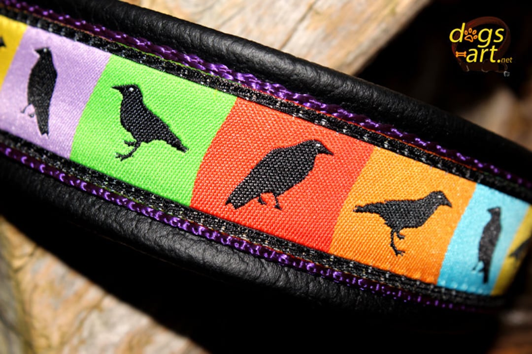 Raven Dog Collar Leather, Collar With Birds, Black Leather, Adjustable ...