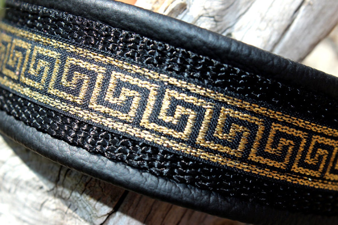 Greek Key Dog Collar Leather Greece Black and Gold - Etsy 日本