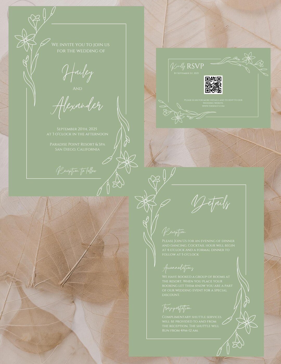 Sage Green Wedding Invitation Bundle, Simplistic Green Wedding Template ...