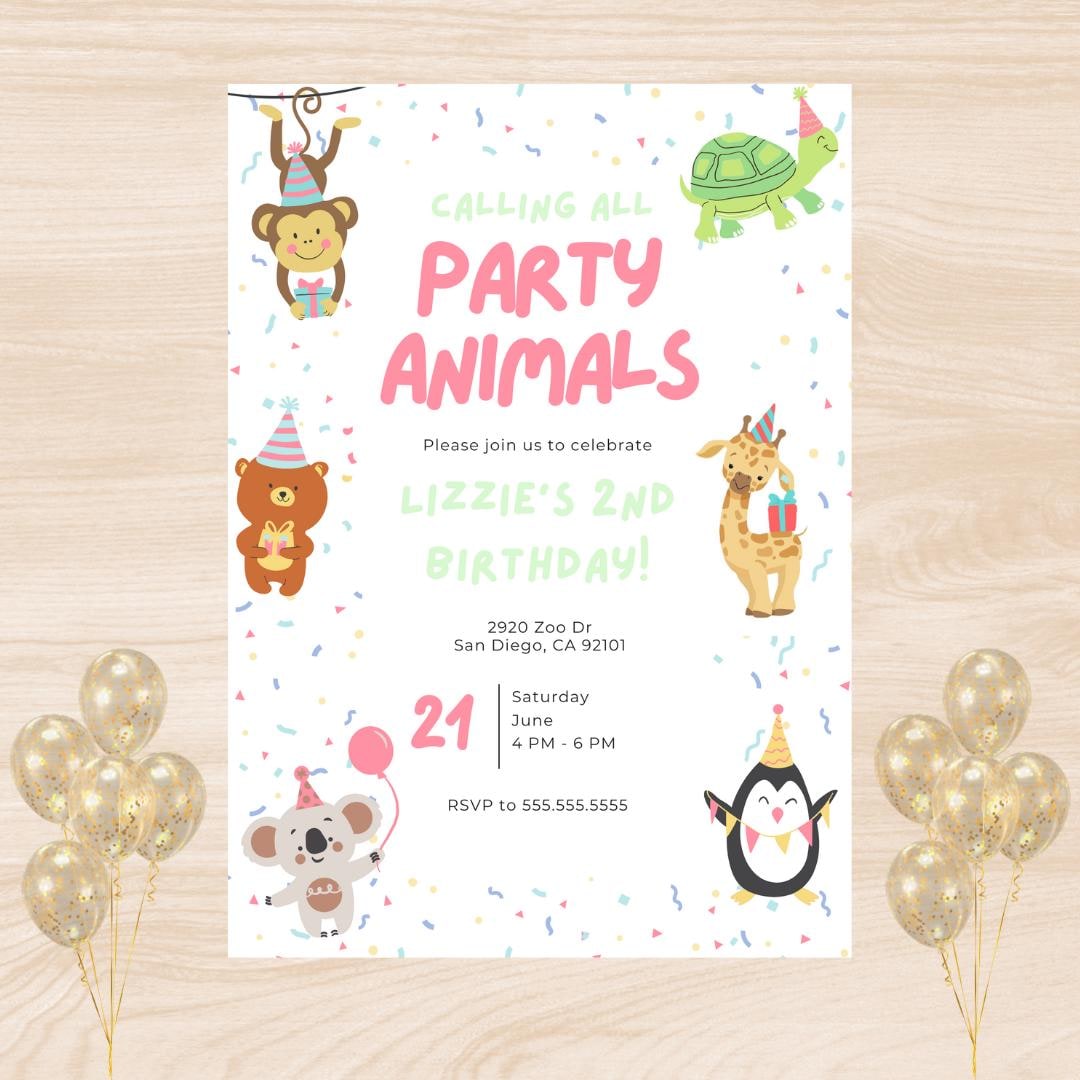 Party Animal Birthday Invitation Template, Zoo Animals, Kids Birthday ...