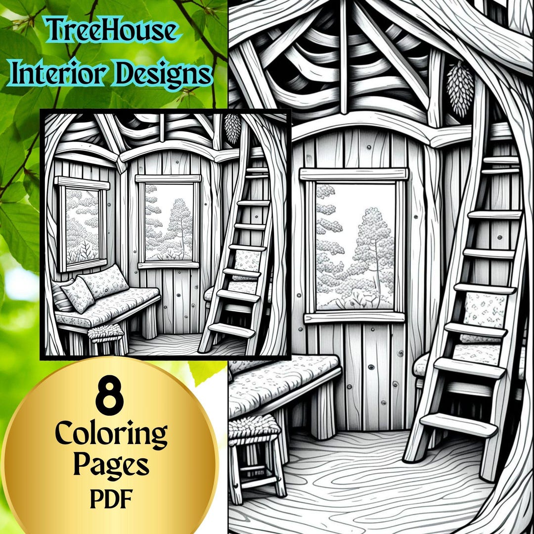 Cute Cozy Interior Coloring Pages Treehouse Designs Adulting Coloring ...