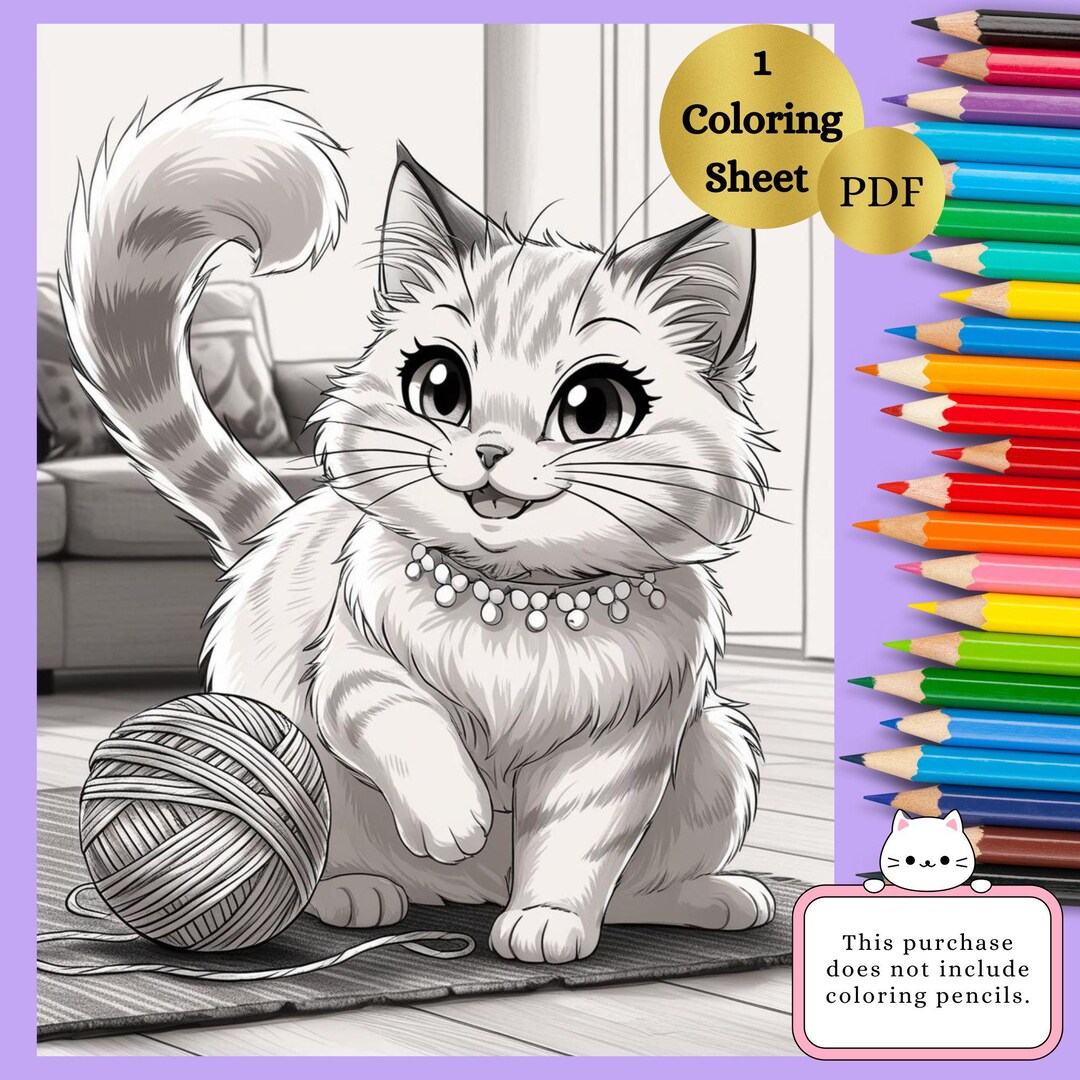 Adorable Cat Coloring Page | Cat Playing With Yarn | Cat Lovers ...