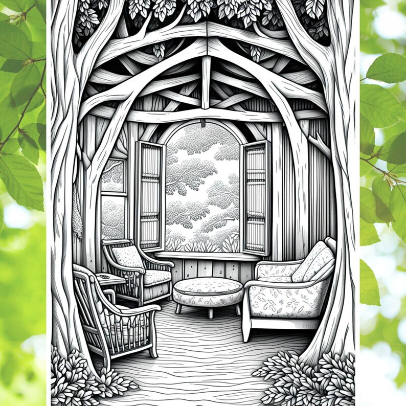 Cute Cozy Interior Coloring Pages Treehouse Designs Adulting Coloring ...