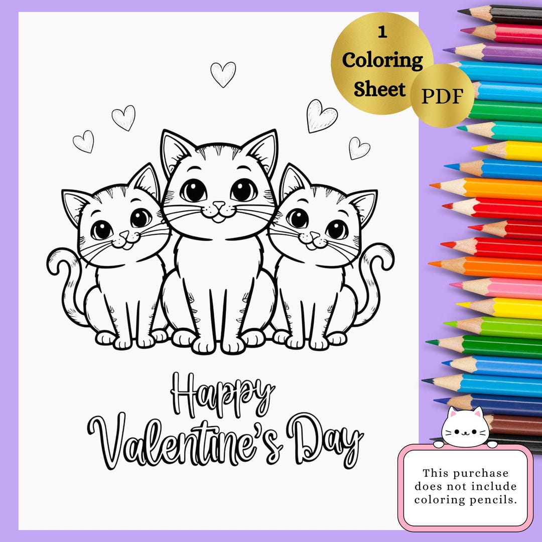 Valentines Day Coloring Page With Cats Cat Lovers Design Printable PDF ...