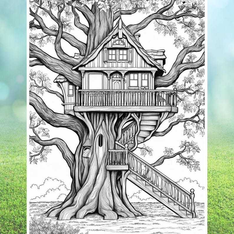 Storybook Treehouse Coloring Pages | Fantasy Treehouse Coloring Sheets ...
