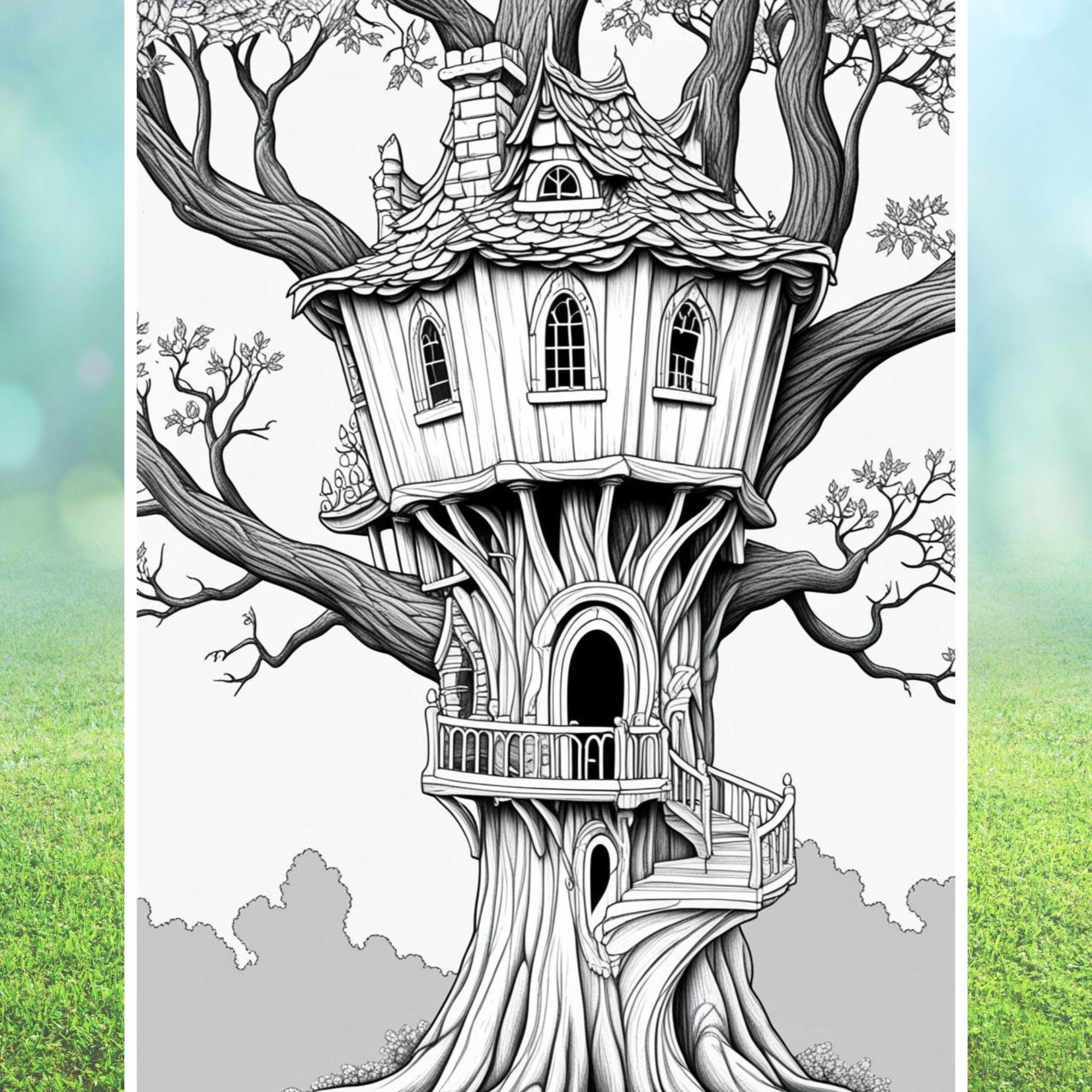 Storybook Treehouse Coloring Pages | Fantasy Treehouse Coloring Sheets ...