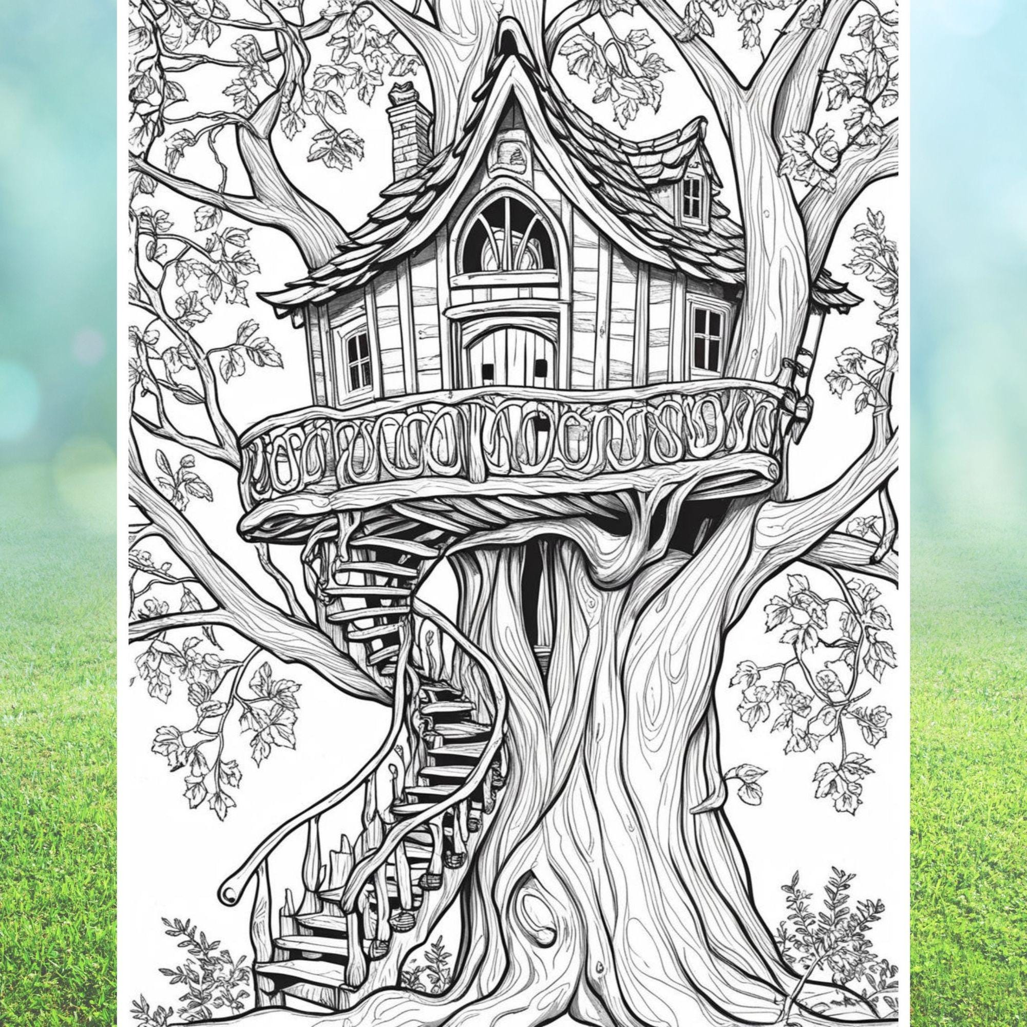 Storybook Treehouse Coloring Pages | Fantasy Treehouse Coloring Sheets ...