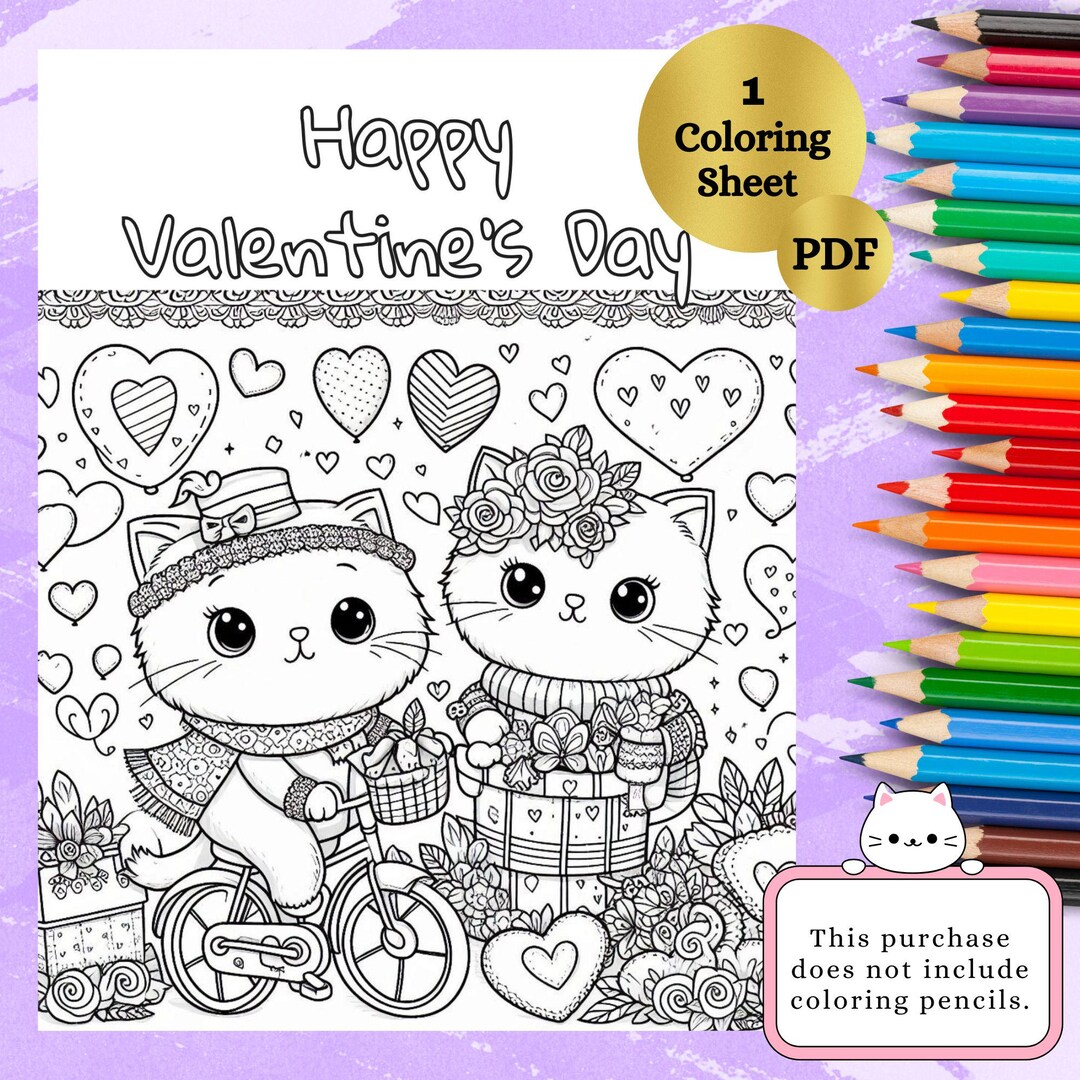 Valentines Day Coloring Page With Cats| Kawaii Cat Lovers Design ...