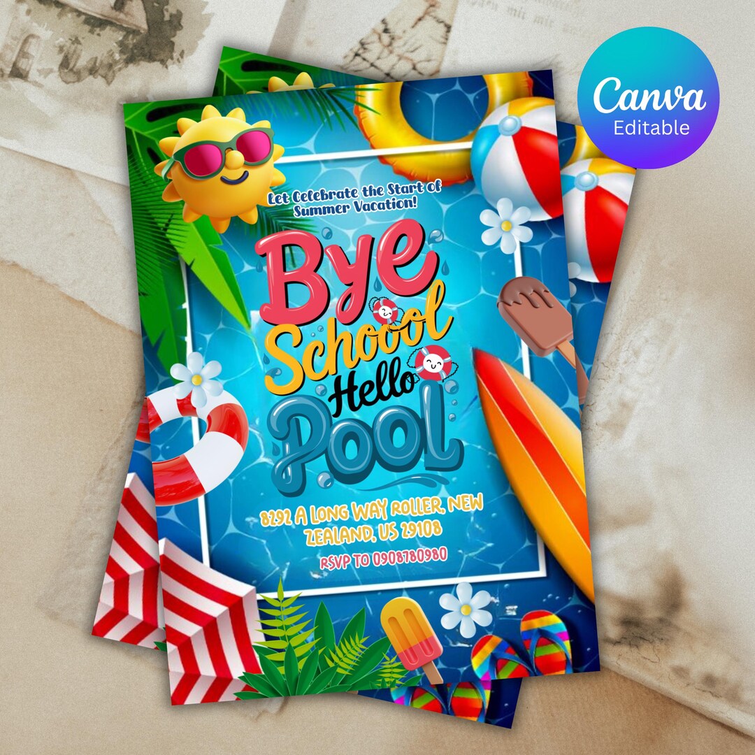 Goodbye School Hello Pool Invitation Template, Editable Pool Party ...