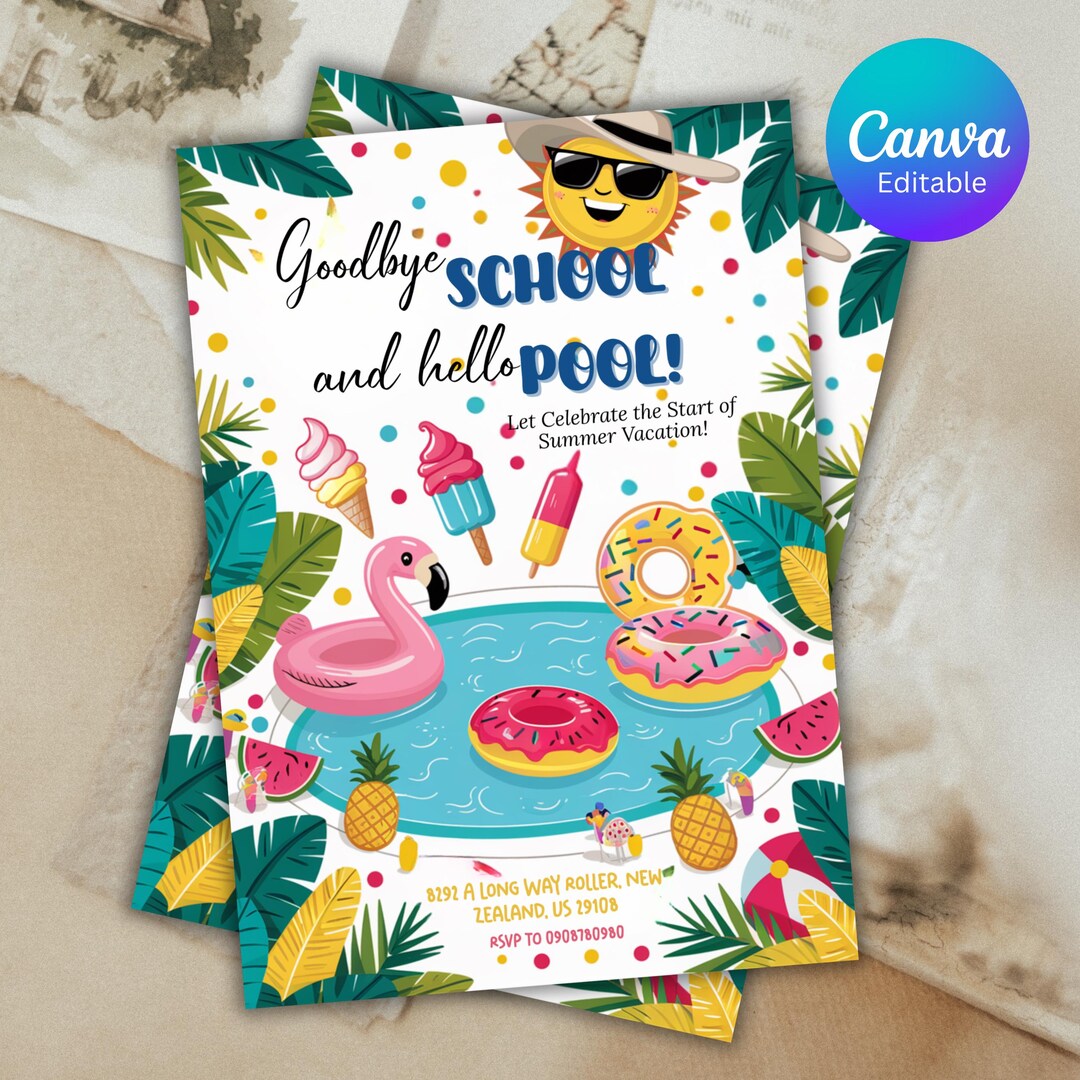 Goodbye School Hello Pool Invitation, End of School Party Invitation ...