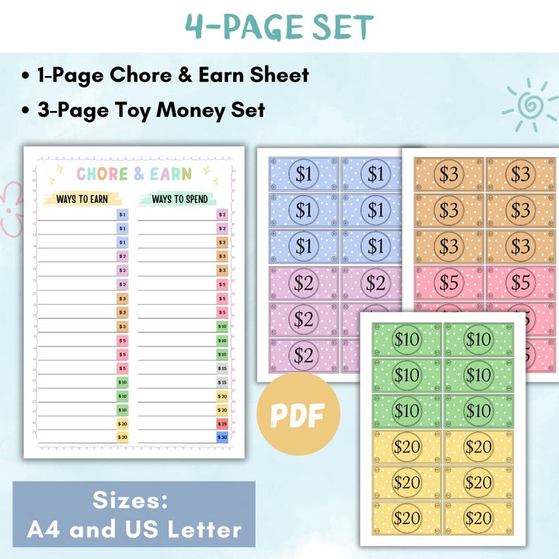 Chore and Earn Chart Printable for Kids | Reward Chart + Play Money - Etsy