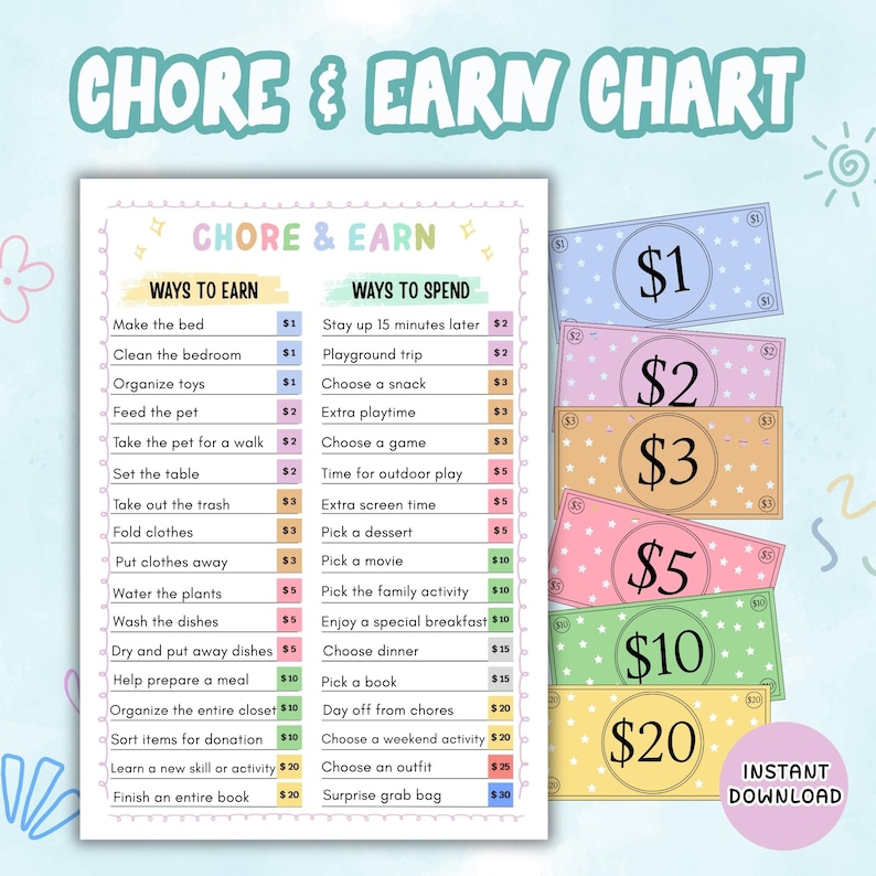 Chore and Earn Chart Printable for Kids | Reward Chart + Play Money - Etsy