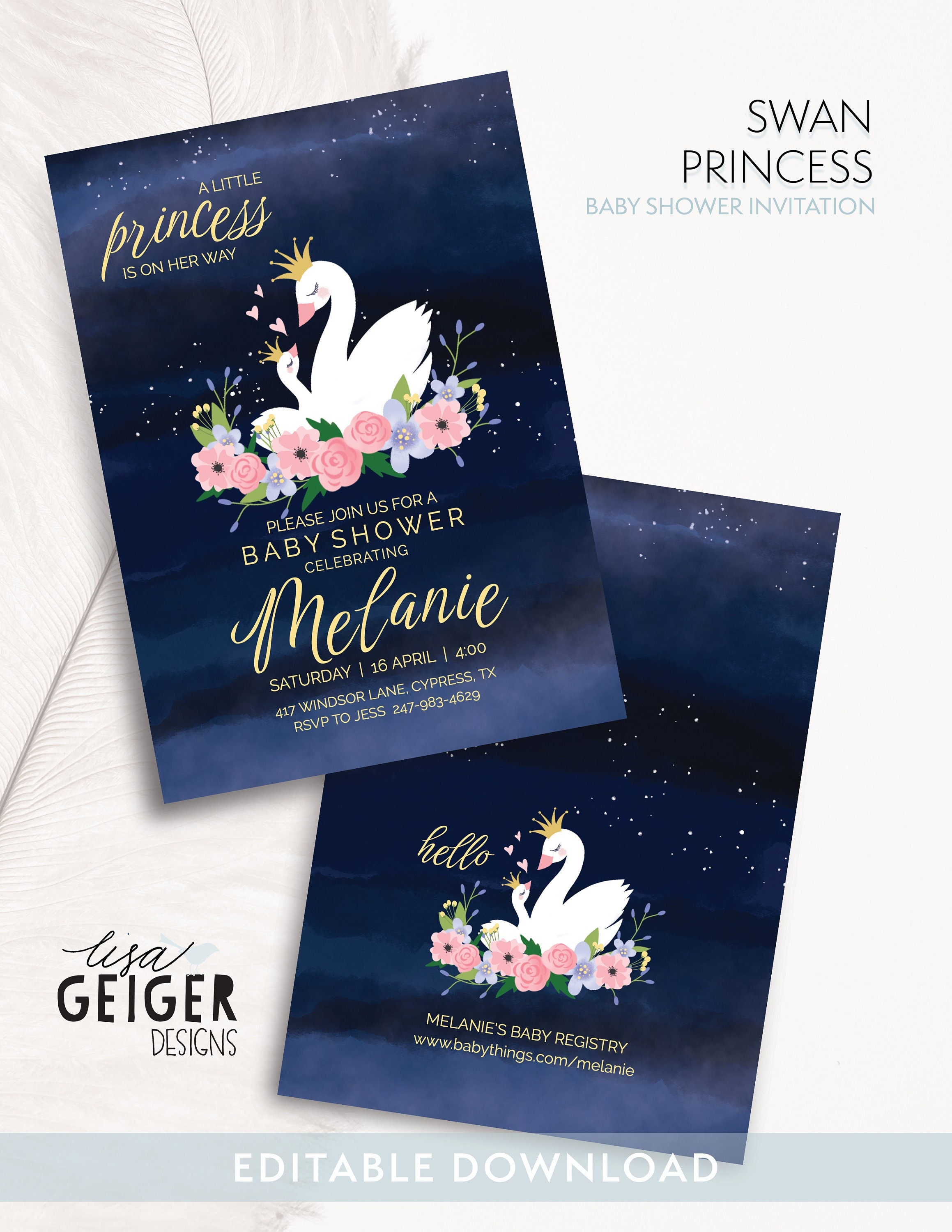 Swan Princess Baby Shower Invitation Announcement Editable Download 5x7 ...