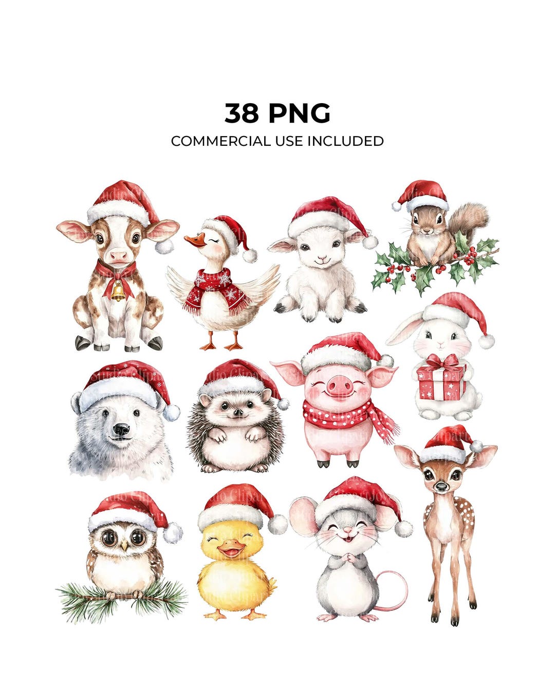 38 Watercolor Christmas Animals Clipart Bundle, Xmas PNG Printable Junk ...