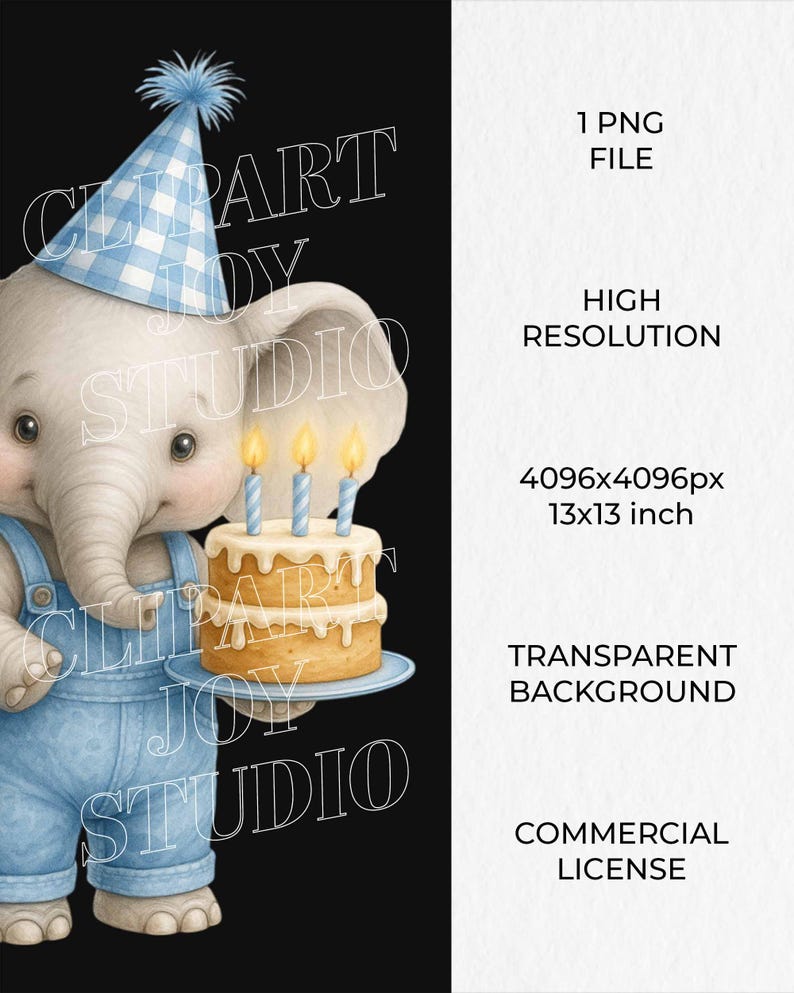Watercolor Birthday Elephant Clipart, Cute Elephant PNG, Printable Junk ...