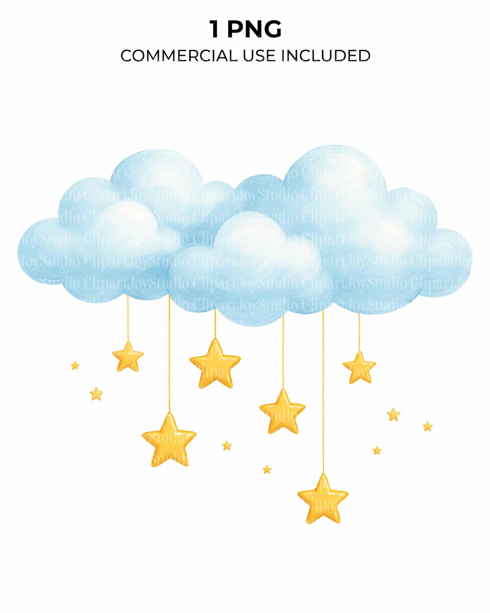 Watercolor Blue Cloud With Hanging Golden Stars Clipart, Cute Sky ...