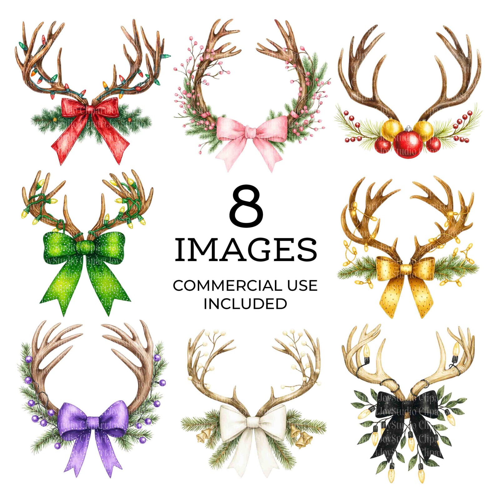 8 Deer Antlers Clipart Bundle, Christmas Printable PNG Images, Xmas ...