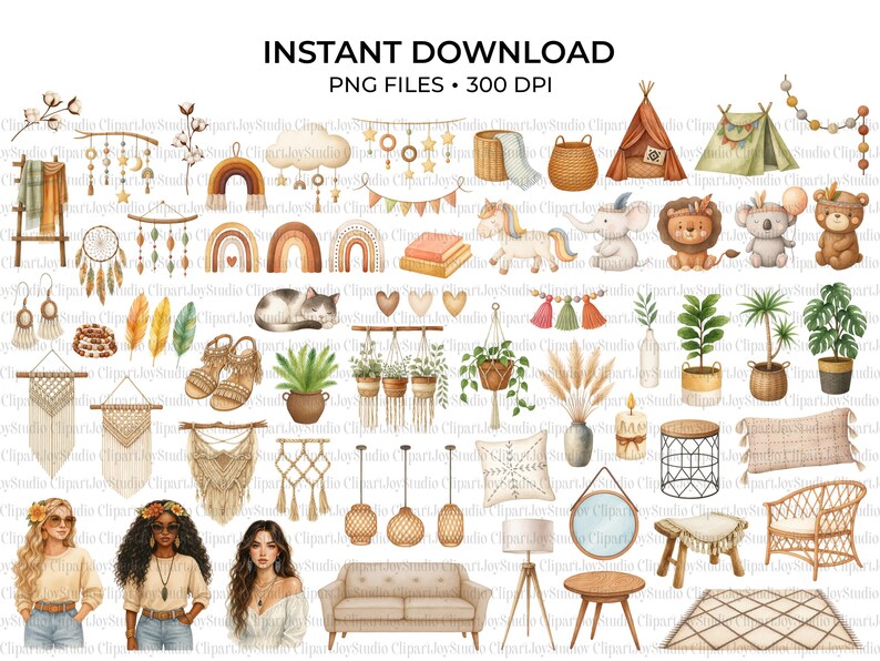 Watercolor Boho Clipart Bundle, Boho Girl, PNG Images, Nursery Clipart ...