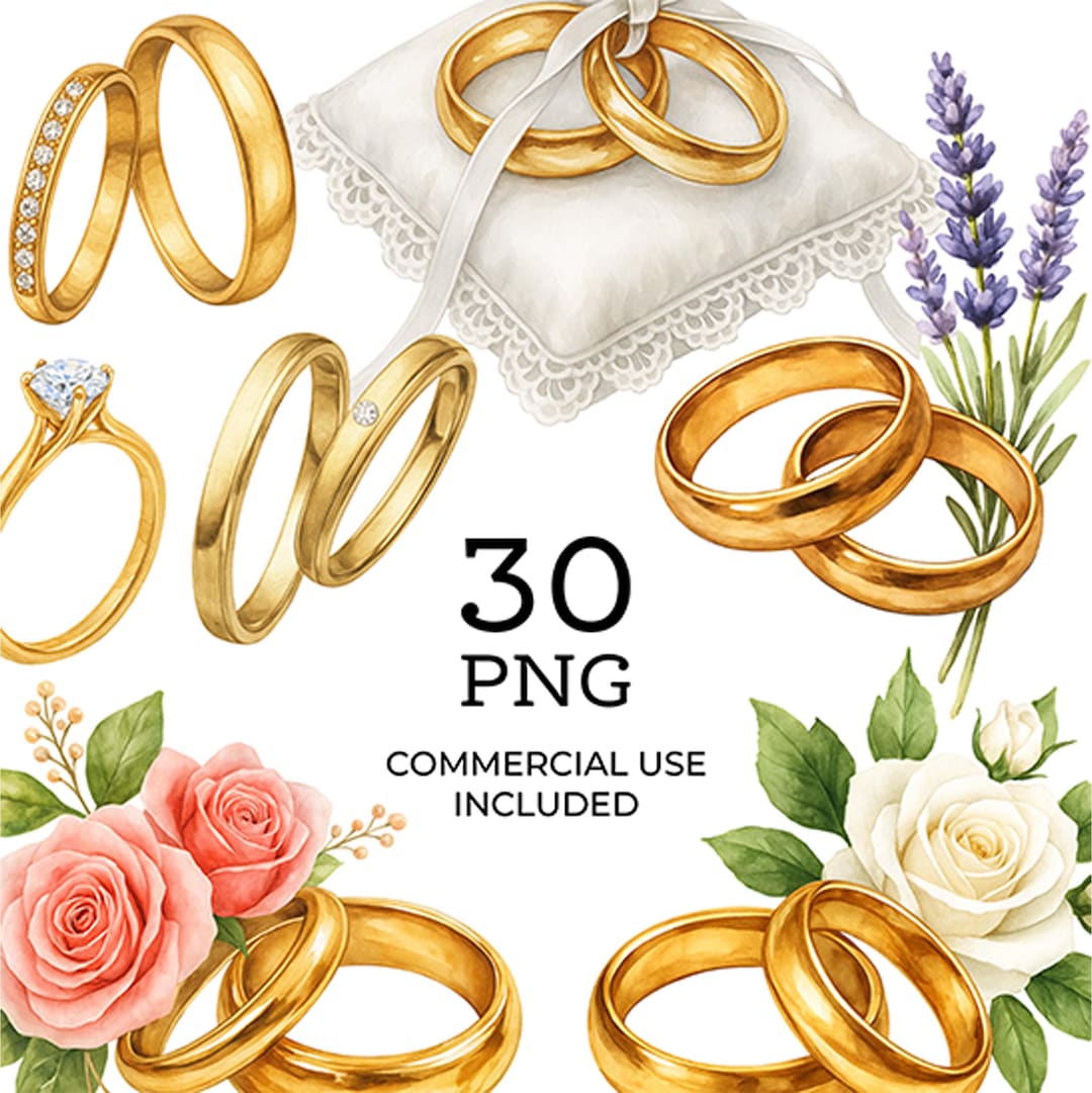 Floral Wedding Gold Rings Clipart, Wedding Bands, Printable Watercolor ...