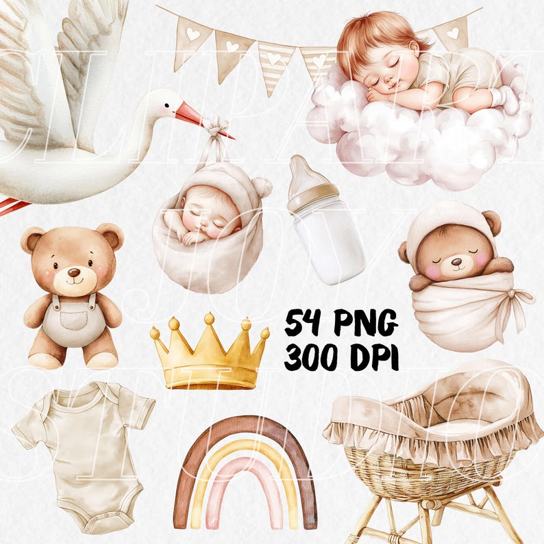 Watercolor Nursery Clipart Set, Baby Shower PNG Graphics (digital ...