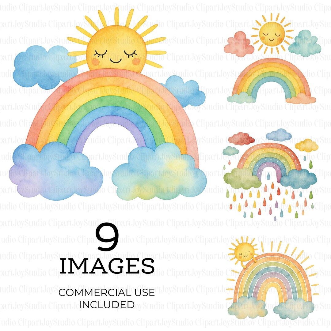 9 Sun and Rainbow Clipart, Nursery Rainbow, Printable Watercolor ...
