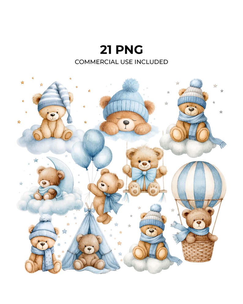 Blue Teddy Bear Watercolor Clipart, Sleepy Baby Bears, Printable Junk ...