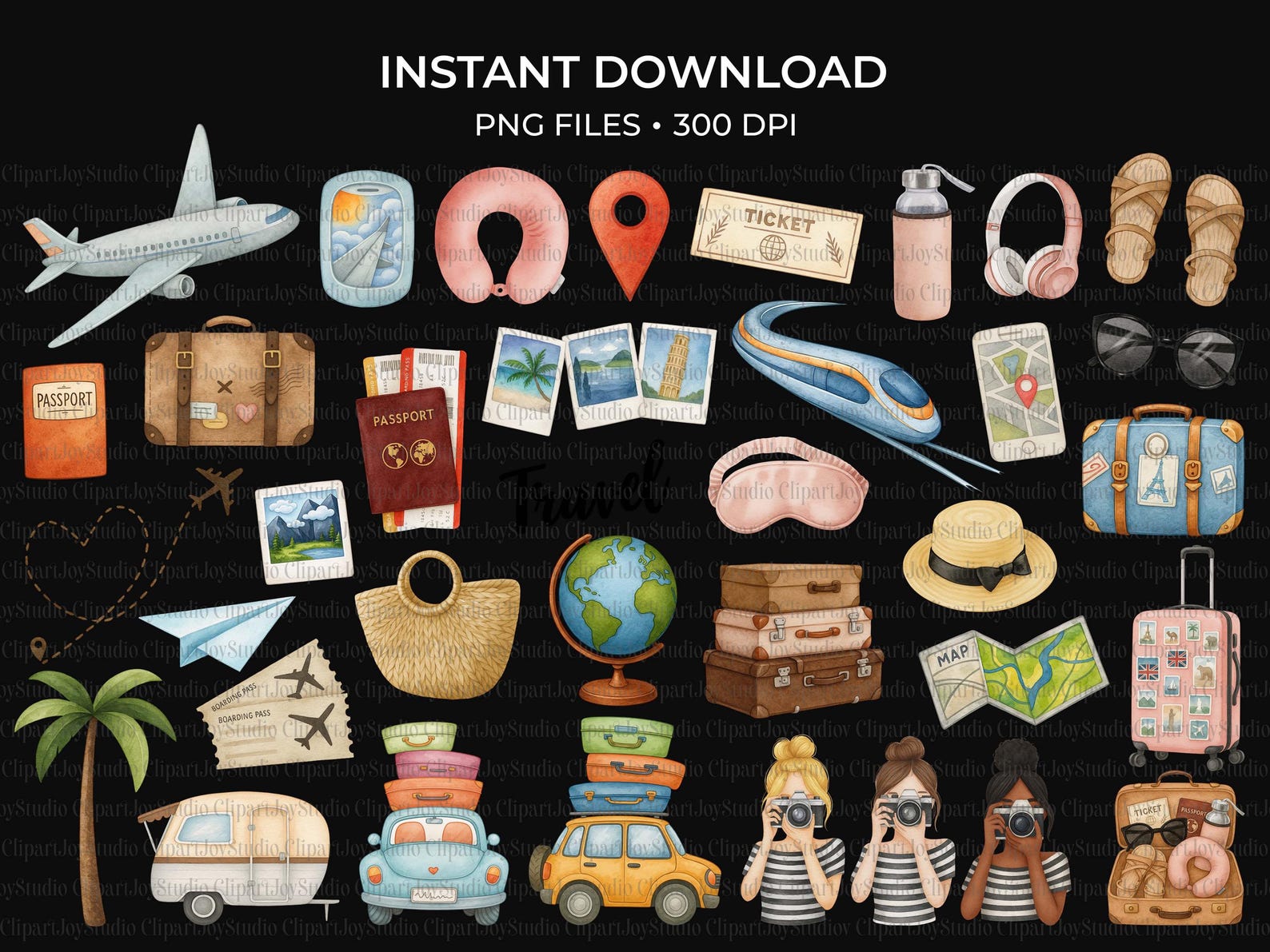 Watercolor Travel Clipart • Adventure PNG Clip Art • Summer Holiday ...