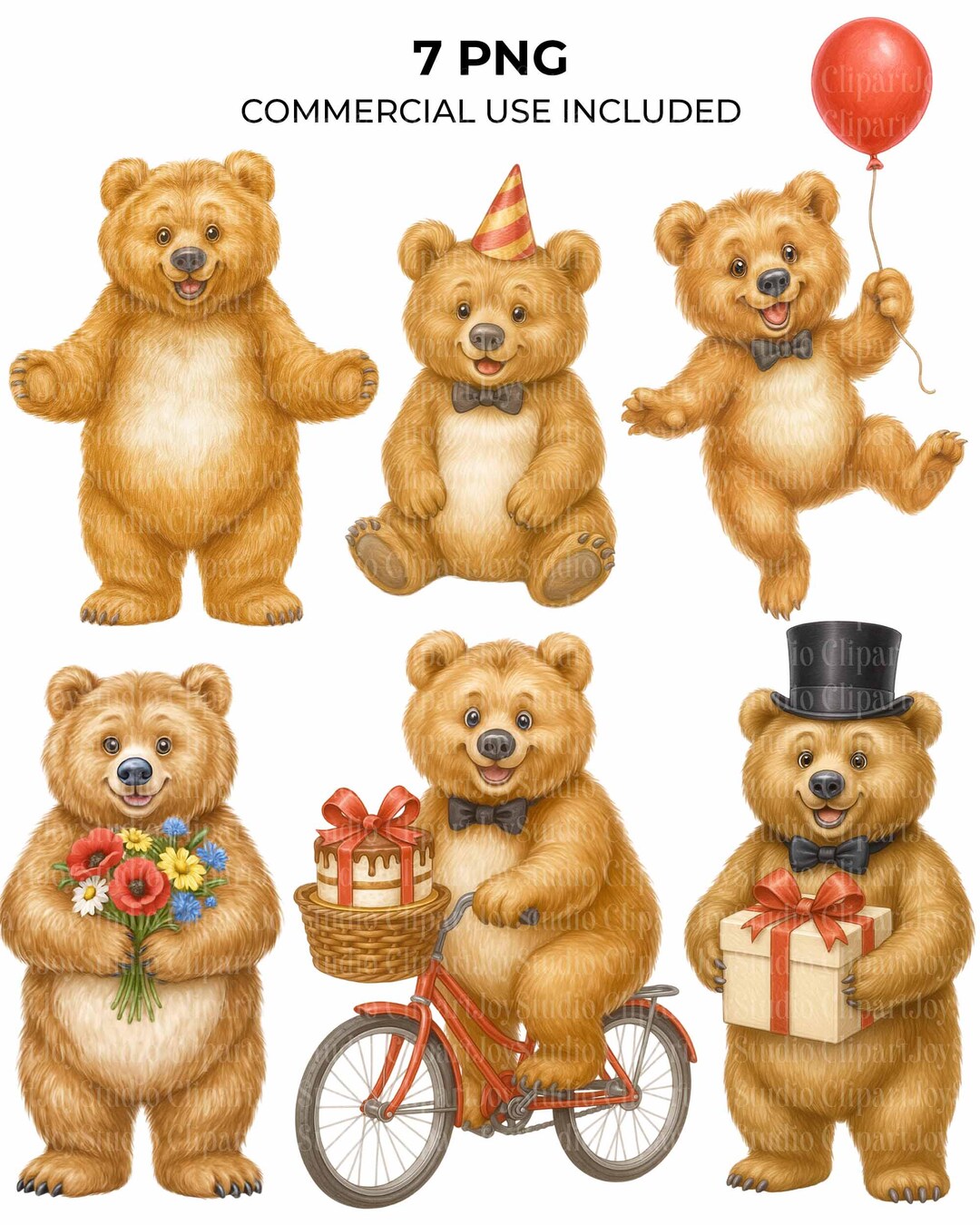 Watercolor Birthday Bear Clipart Bundle, Teddy Bear PNG, Printable Junk ...