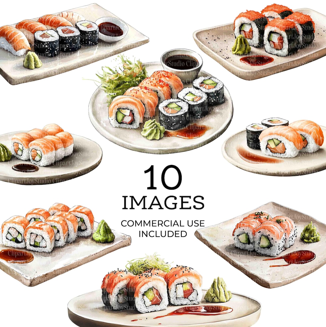 Watercolor Sushi Clipart Bundle , Sushi Rolls PNG Graphic, Printable ...