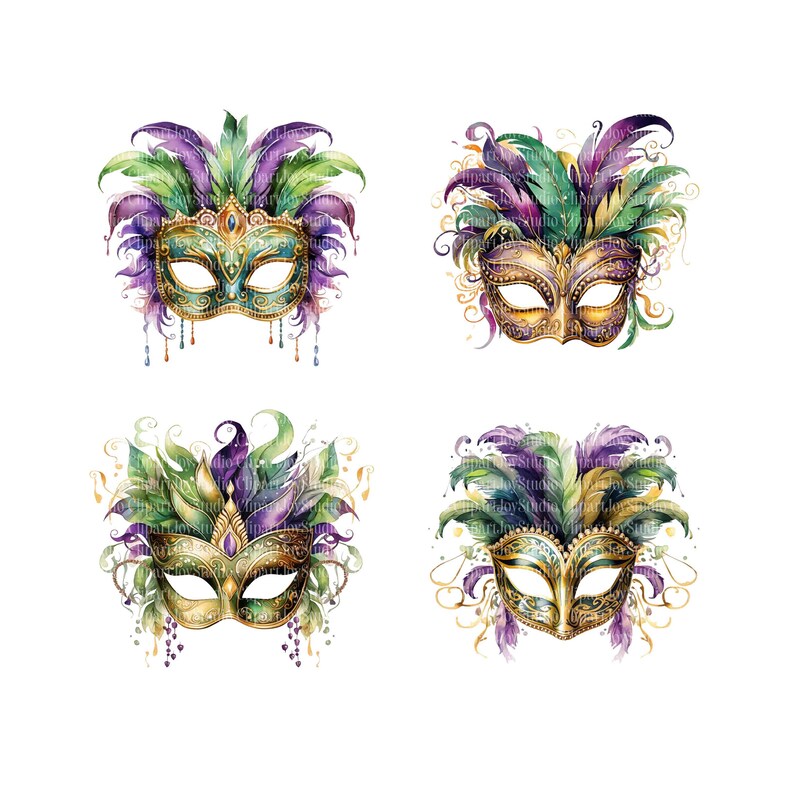 10 Mardi Gras Mask Clipart, Carnival Mask, Printable Watercolor Clipart ...