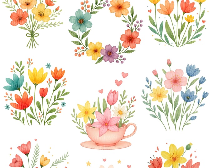 20 Sketched Colored Wildflowers Clipart, Doodle Hand Drawn Flower ...