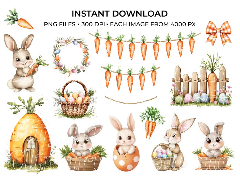 Watercolor Easter Bunny Clipart Bundle, Easter Rabbit, Printable PNG ...