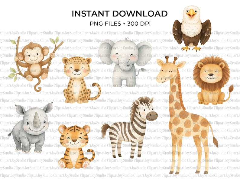 Watercolor Safari Animals Clipart Bundle, Printable PNG Images, Jungle ...