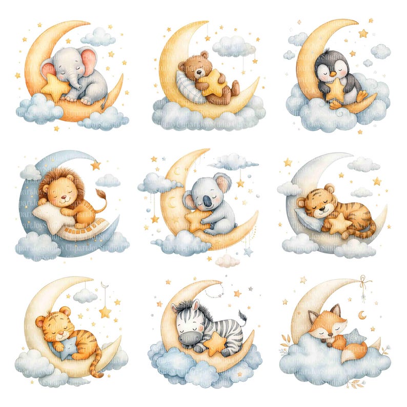 Cute Animals on a Cloud Clipart, Printable Watercolor PNG Images, Kids ...