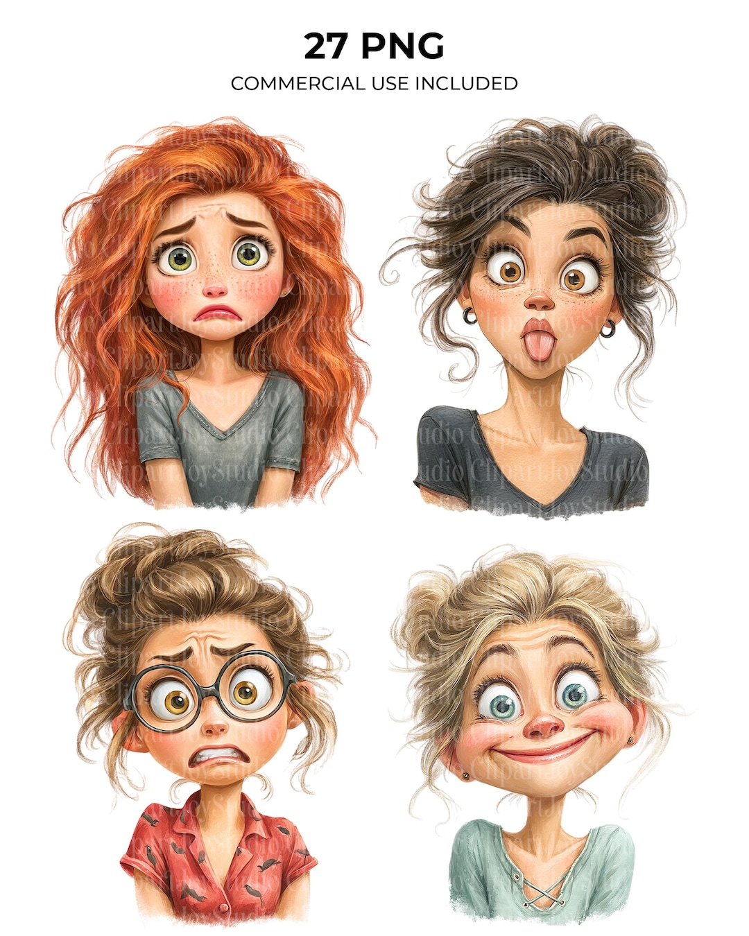 Funny Cartoon Girl Clipart Bundle, Quirky People Face Graphics Humorous ...