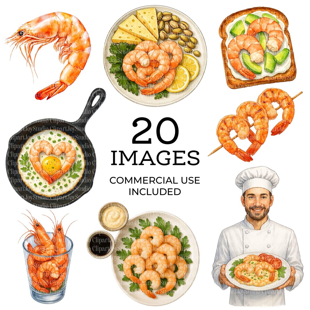 Watercolor Shrimp Clipart Bundle, Seafood PNG Graphic, Food Printable ...