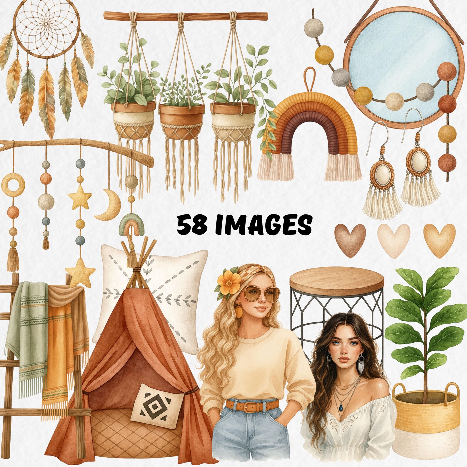 Watercolor Boho Clipart Bundle, Boho Girl, PNG Images, Nursery Clipart ...