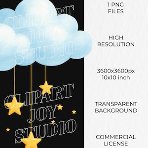 Watercolor Blue Cloud With Hanging Golden Stars Clipart, Cute Sky ...