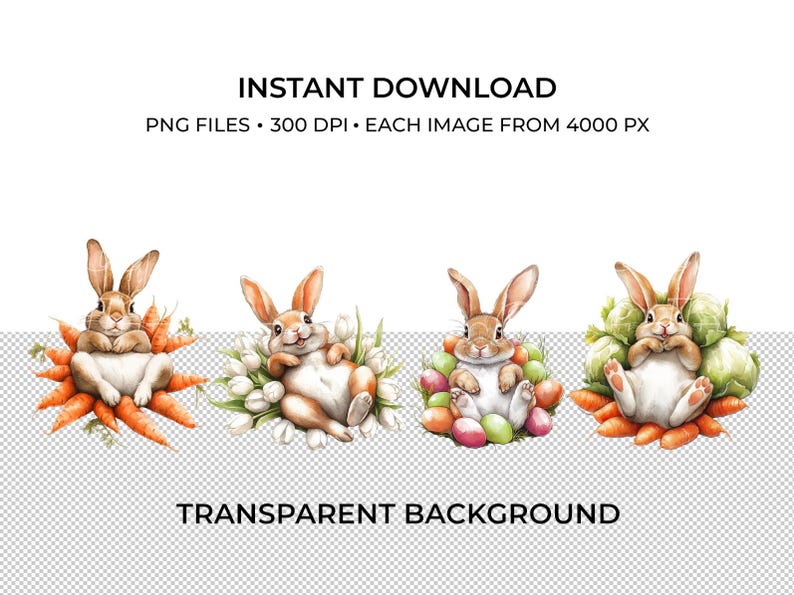 Funny Easter Bunny Clipart - Printable Watercolor PNG Images (digital ...
