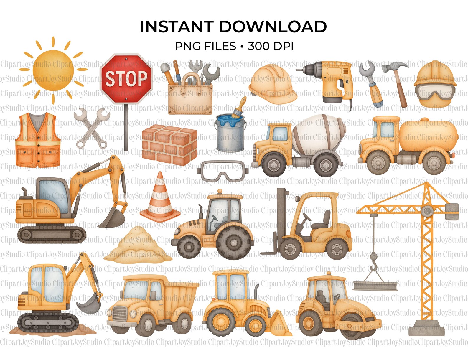 Watercolor Construction Clipart Bundle, Construction Vehicles Clipart ...