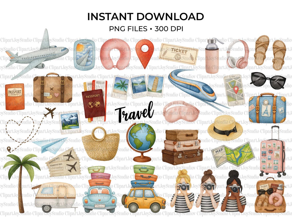 Watercolor Travel Clipart • Adventure PNG Clip Art • Summer Holiday ...