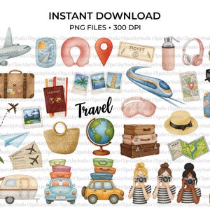 Watercolor Travel Clipart • Adventure PNG Clip Art • Summer Holiday ...