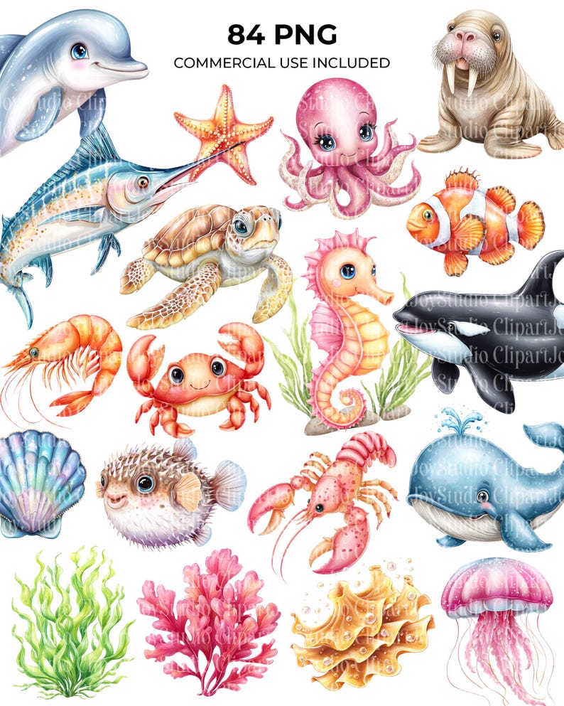 Watercolor Sea Animals Clipart Bundle, Dolphin, Shells, Corals PNG ...