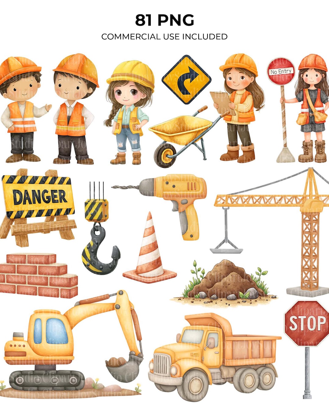 Watercolor Construction Clipart Bundle, Construction Vehicles Clipart ...