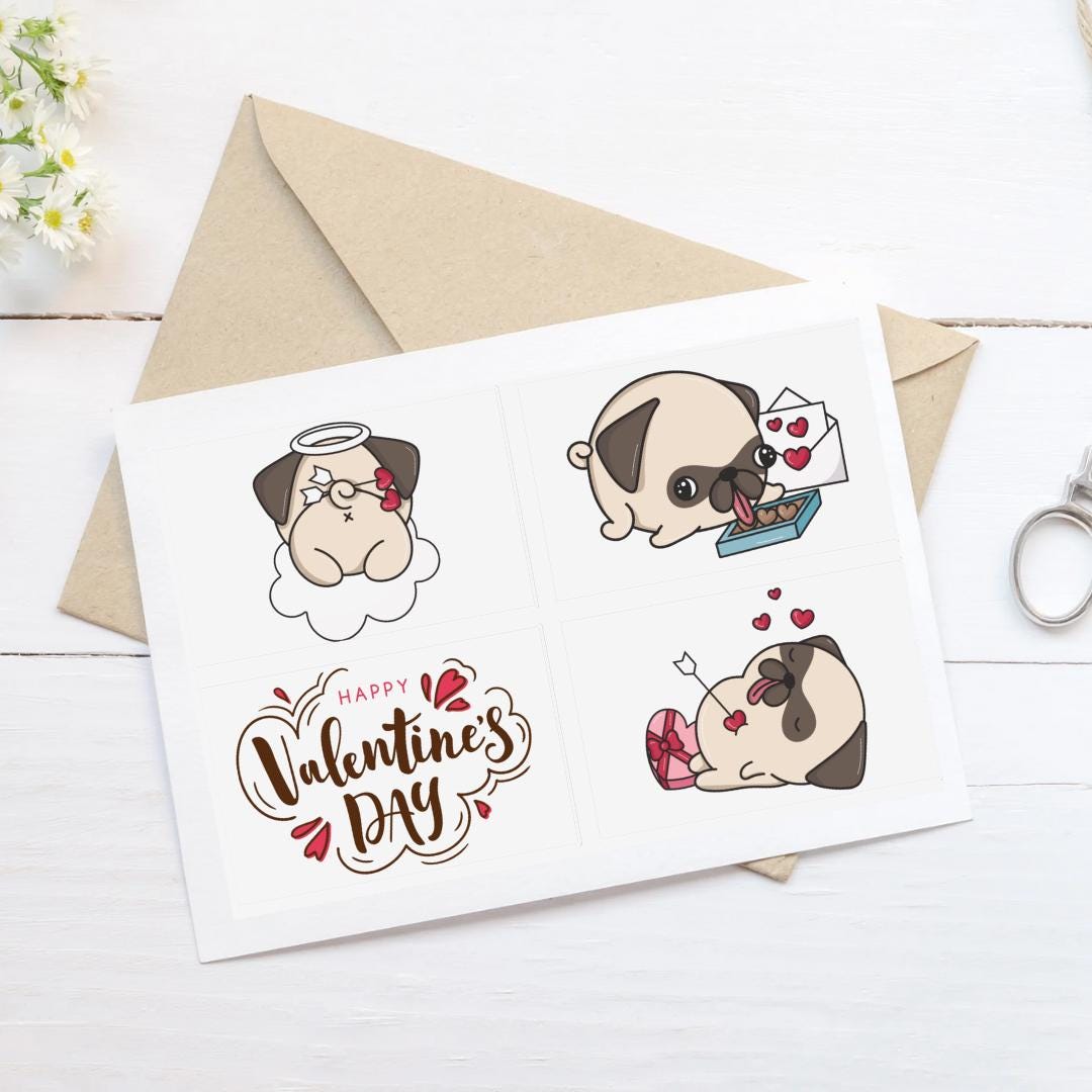 Valentine's Day Pug Stickers Cute Puppy Designs With Hearts, Chocolates ...
