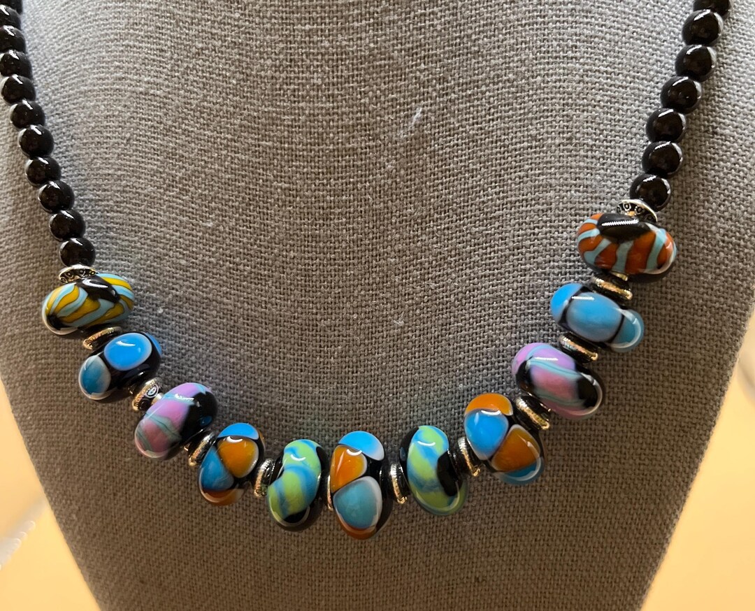 Multi-color Lampwork Beaded Necklace. Pink, Turquoise, Orange, White ...