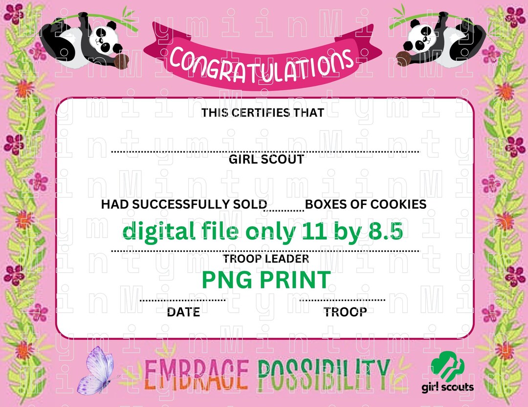 Girl Scout Cookie Sales Award Certificate Printable [digital File Only ...